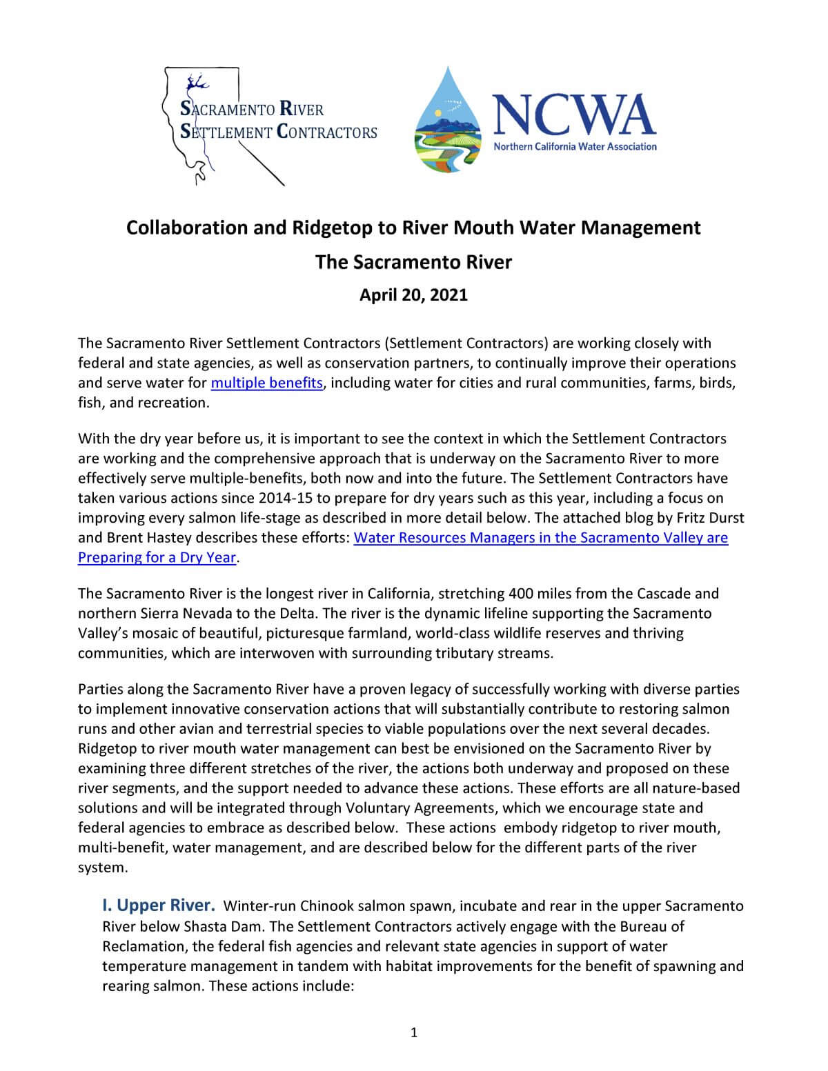 The Sacramento River: Ridgetop to River Mouth Multi-Benefit Water ...